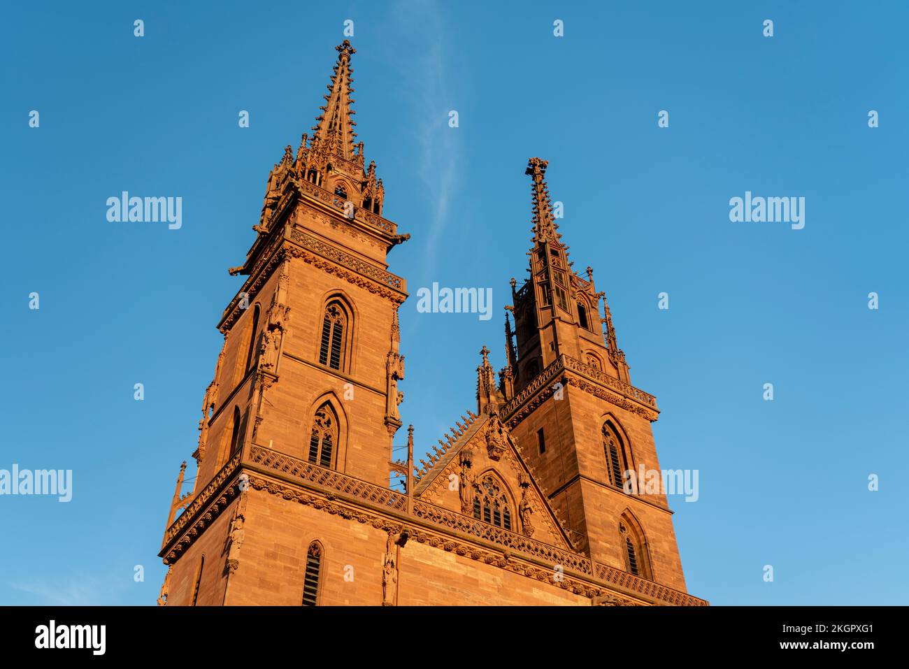Switzerland, Basel-Stadt, Basel, Bell towers of Basel Minster church ...