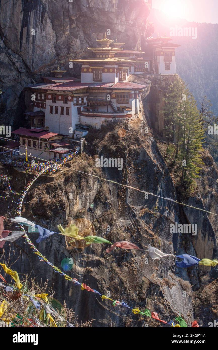 The old Bhutanese temples are in the beautiful valley among Himalaya ...
