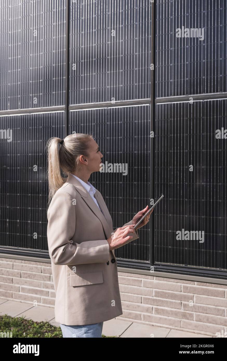 Young businesswoman with tablet PC examining solar panels Stock Photo ...