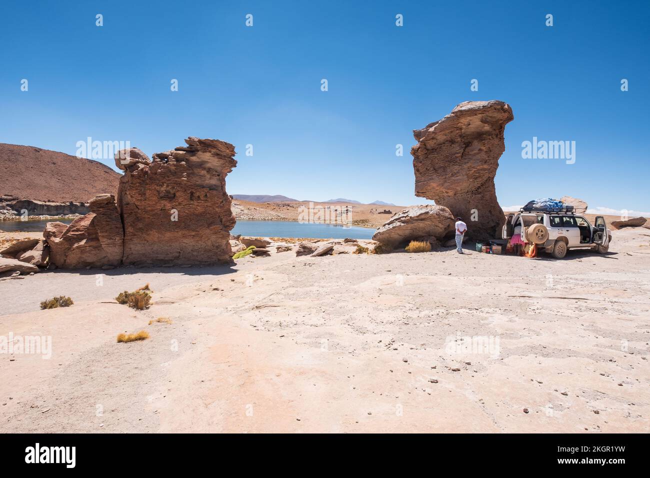 Guided tour jeep taking a break near the Laguna Negra (Black Lagoon or ...