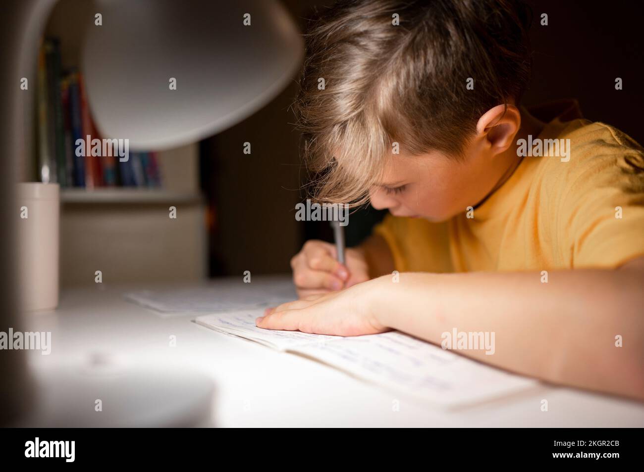 Boy studying at table in home Stock Photo - Alamy