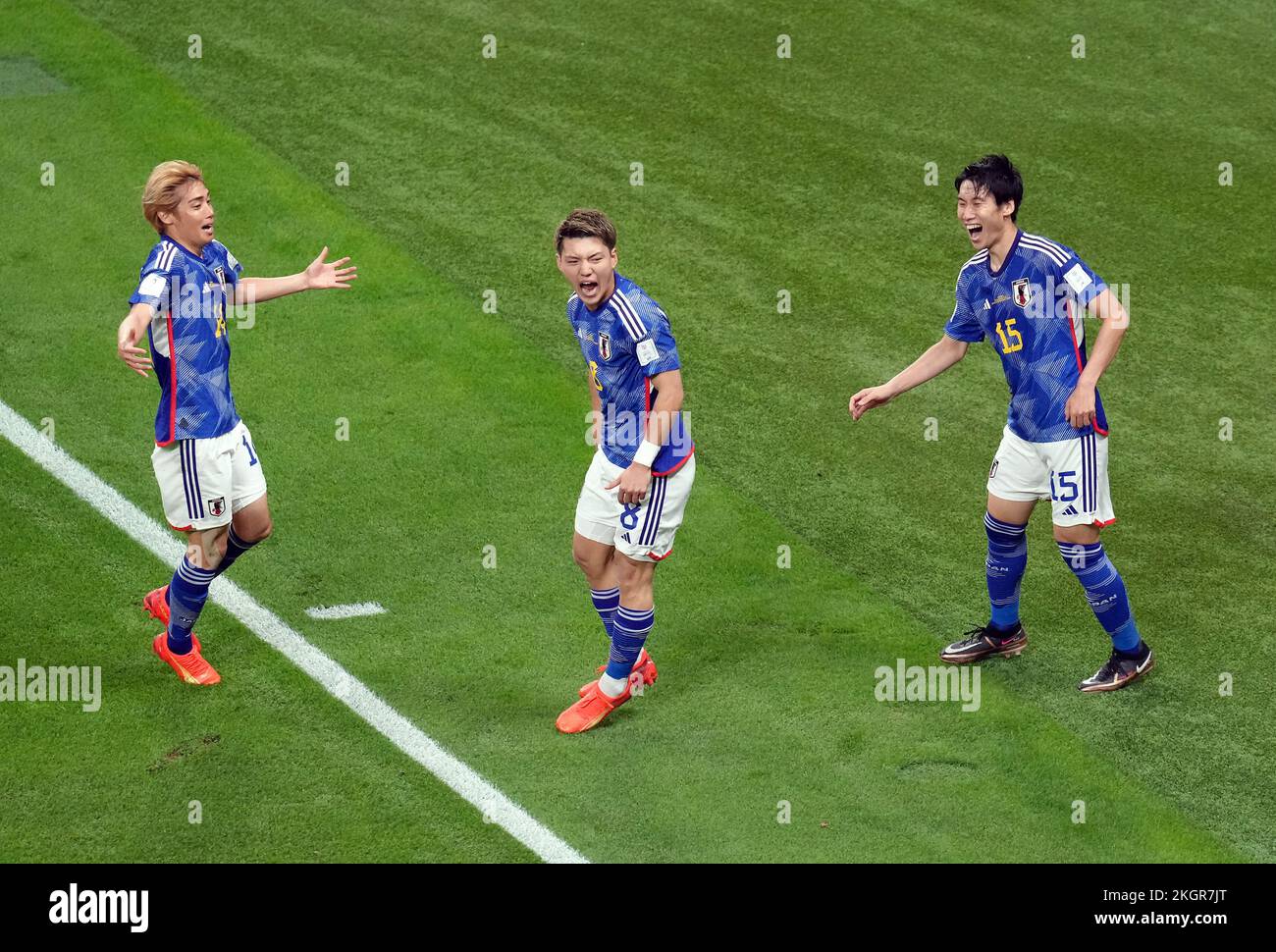Japan’s Ritsu Doan celebrates scoring their side's first goal of the ...