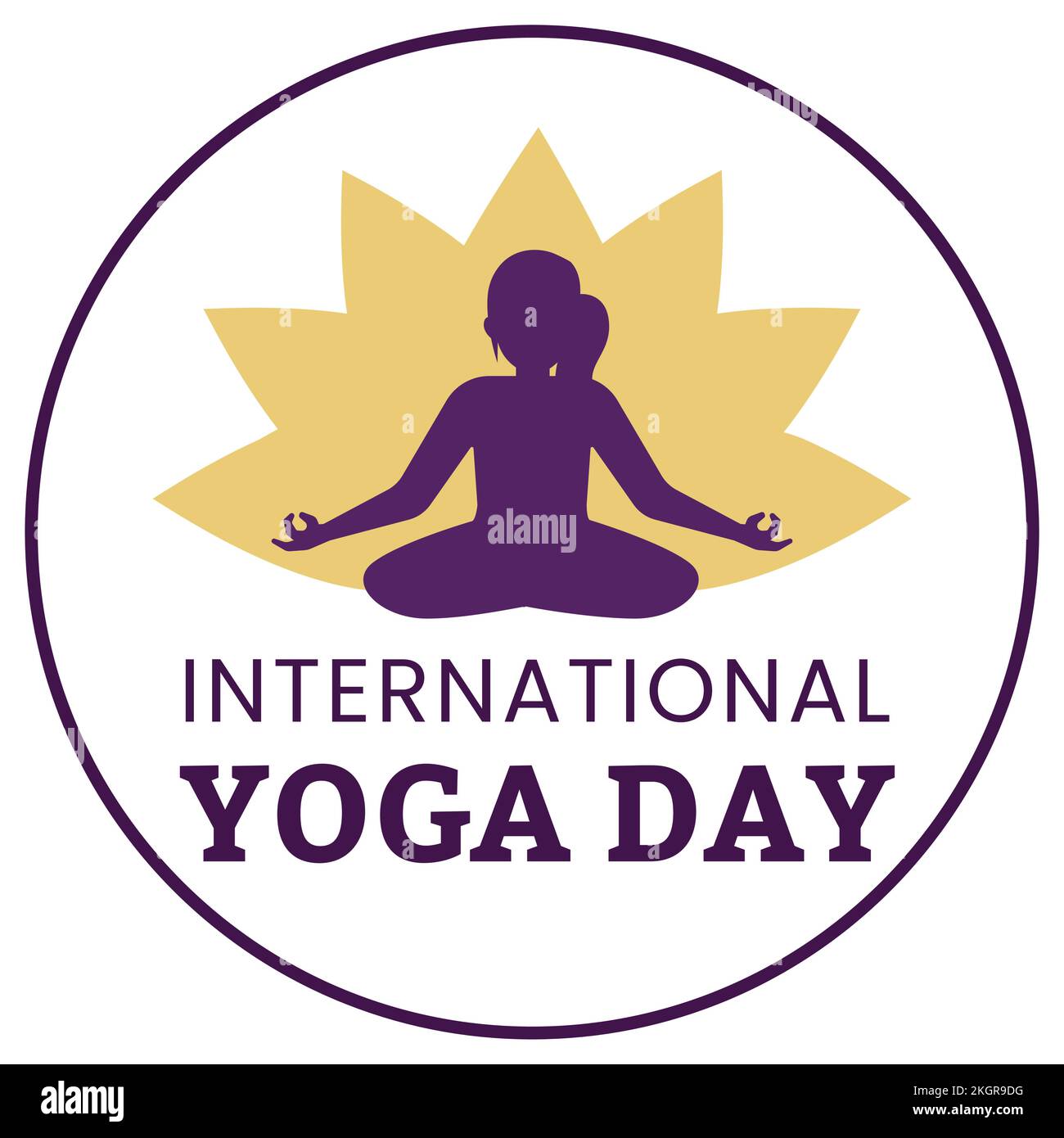 Happy yoga day vector illustration with purple text effect in round ...