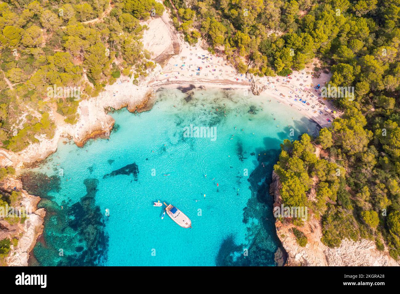 Spain, Balearic Islands, Menorca, Aerial view of Cala Turqueta beach ...
