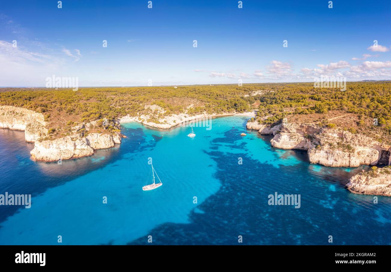 Spain, Balearic Islands, Menorca, Aerial panorama of Cala Macarelleta ...