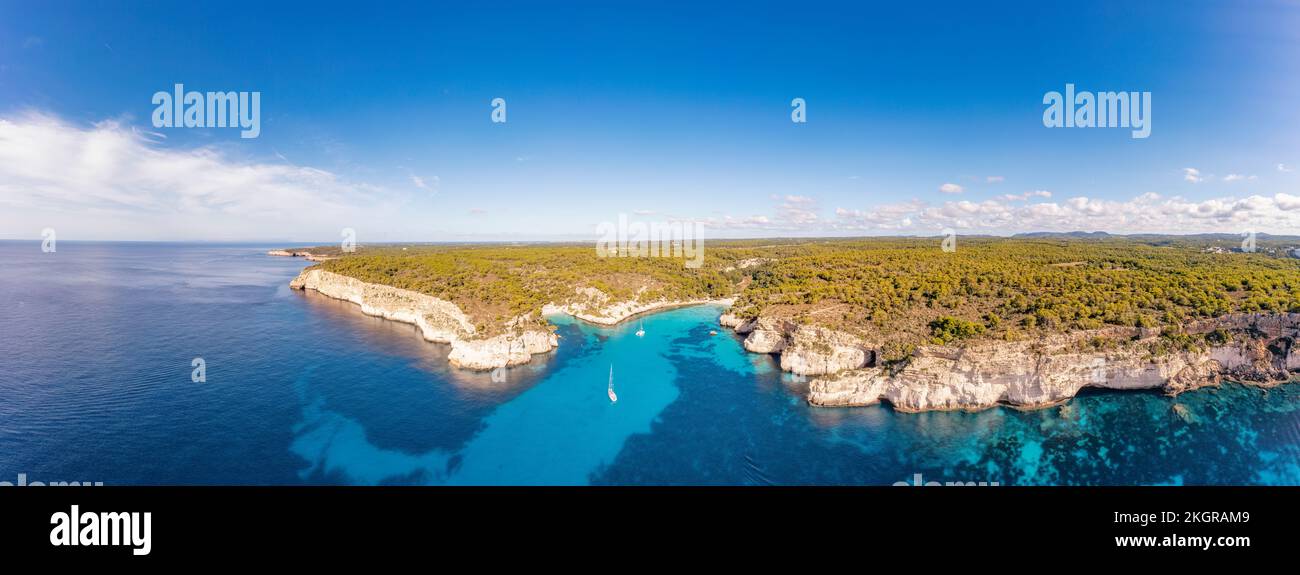 Spain, Balearic Islands, Menorca, Aerial panorama of Cala Macarelleta ...