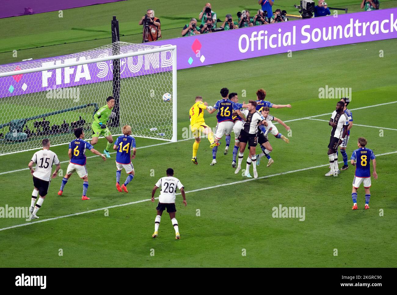 Germany goalkeeper Manuel Neuer goes up for a free kick and attempts a ...