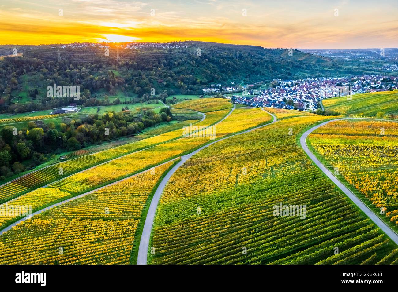 Drone view town vineyards remstal valley sunset hi-res stock ...