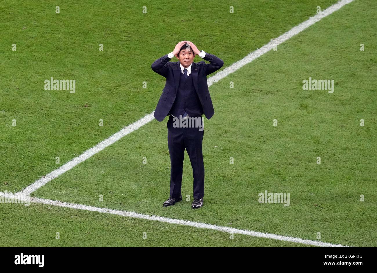 Japan manager Hajime Moriyasu reacts after the FIFA World Cup Group E ...