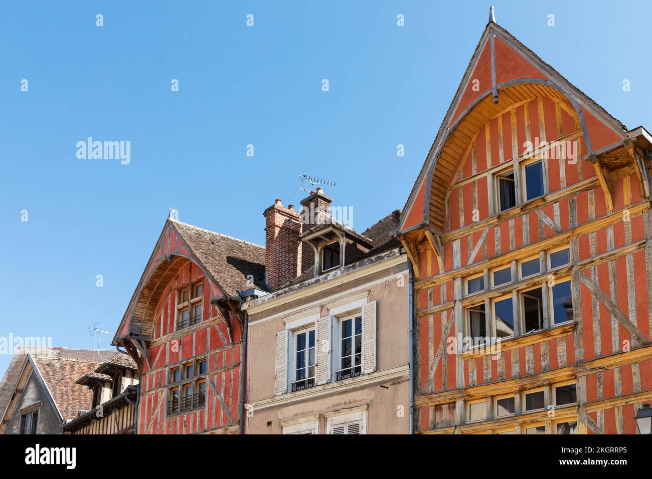 France, Grand Est, Troyes, Row of historic half-timbered townhouses ...