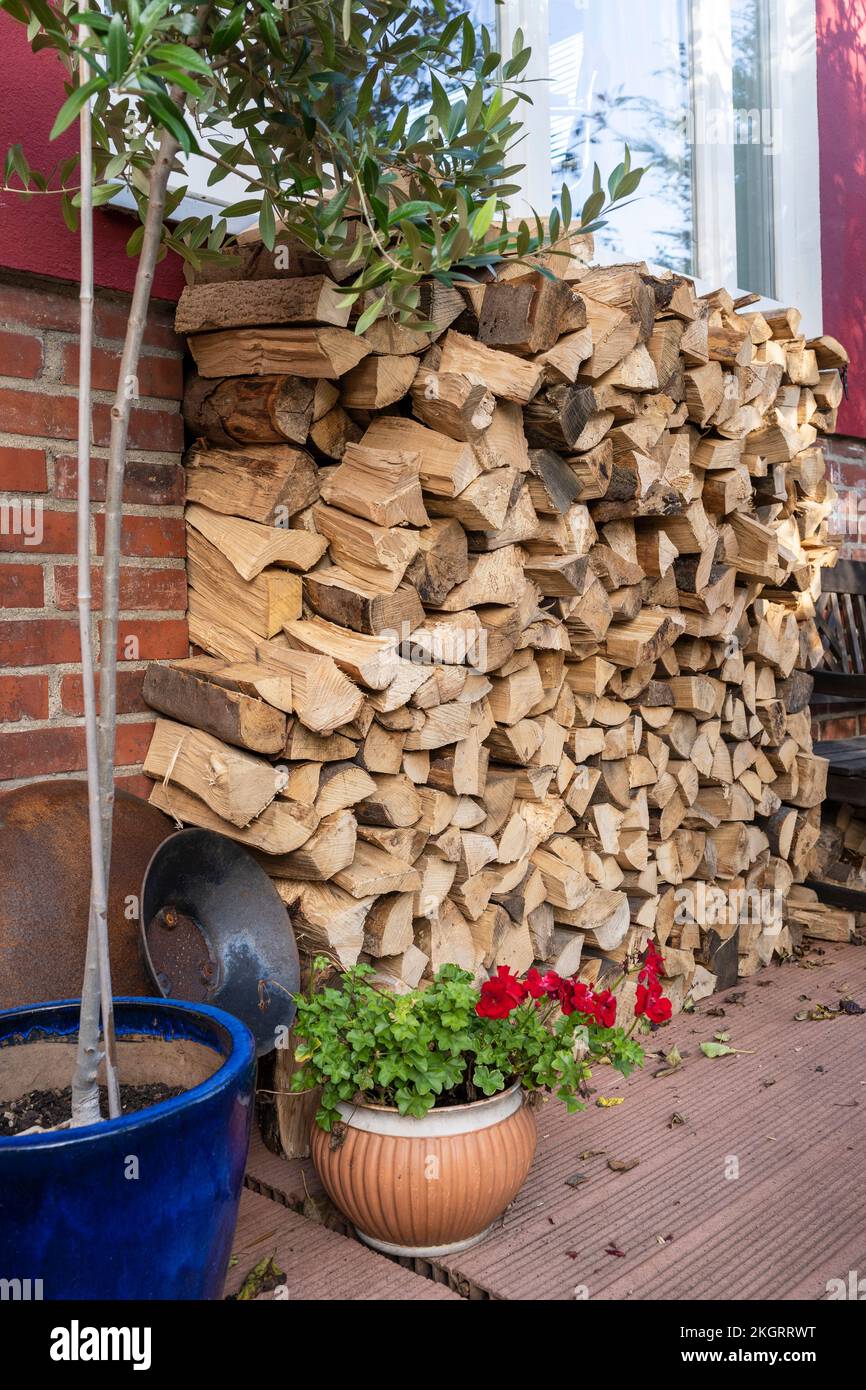 Stack of firewood stored in back yard Stock Photo - Alamy
