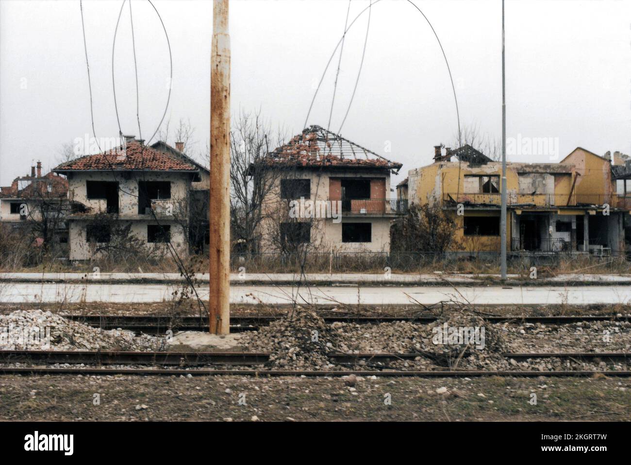 War damaged houses on Sniper Alley in central Sarajevo during the siege ...