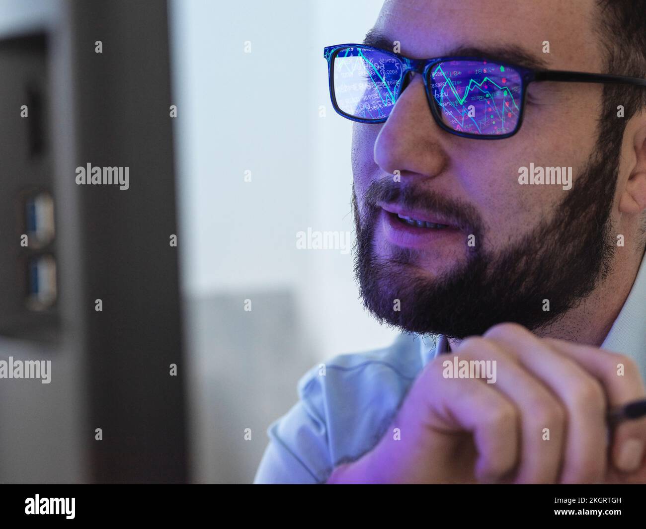 Smiling Trader Analyzing Stock Market Data On Computer Screen Stock