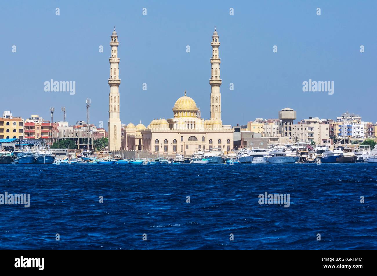 Egypt, Red Sea Governorate, Hurghada, View of coastal city with mosque ...