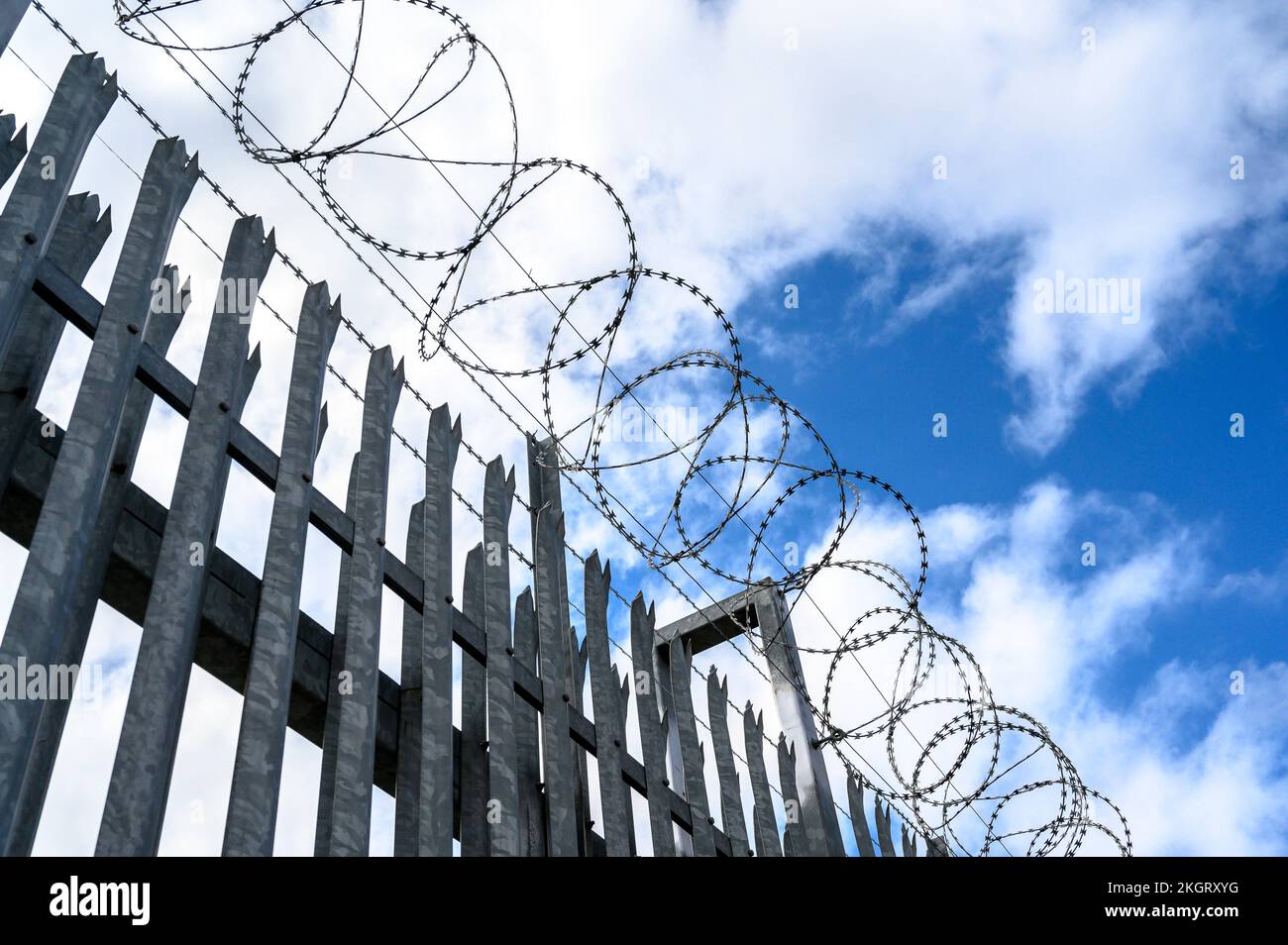 Razor wire and security fencing at a commercial property in the UK ...