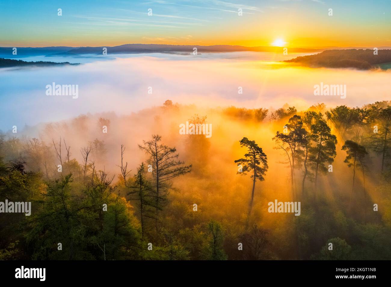 Germany, Baden-Wurttemberg, Drone view of Wieslauftal valley shrouded ...