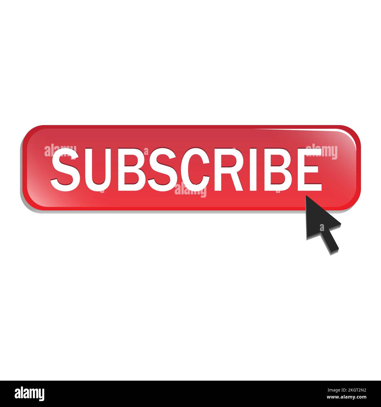 Stylish red subscribe button with black cursor and white text effect on a white background ...