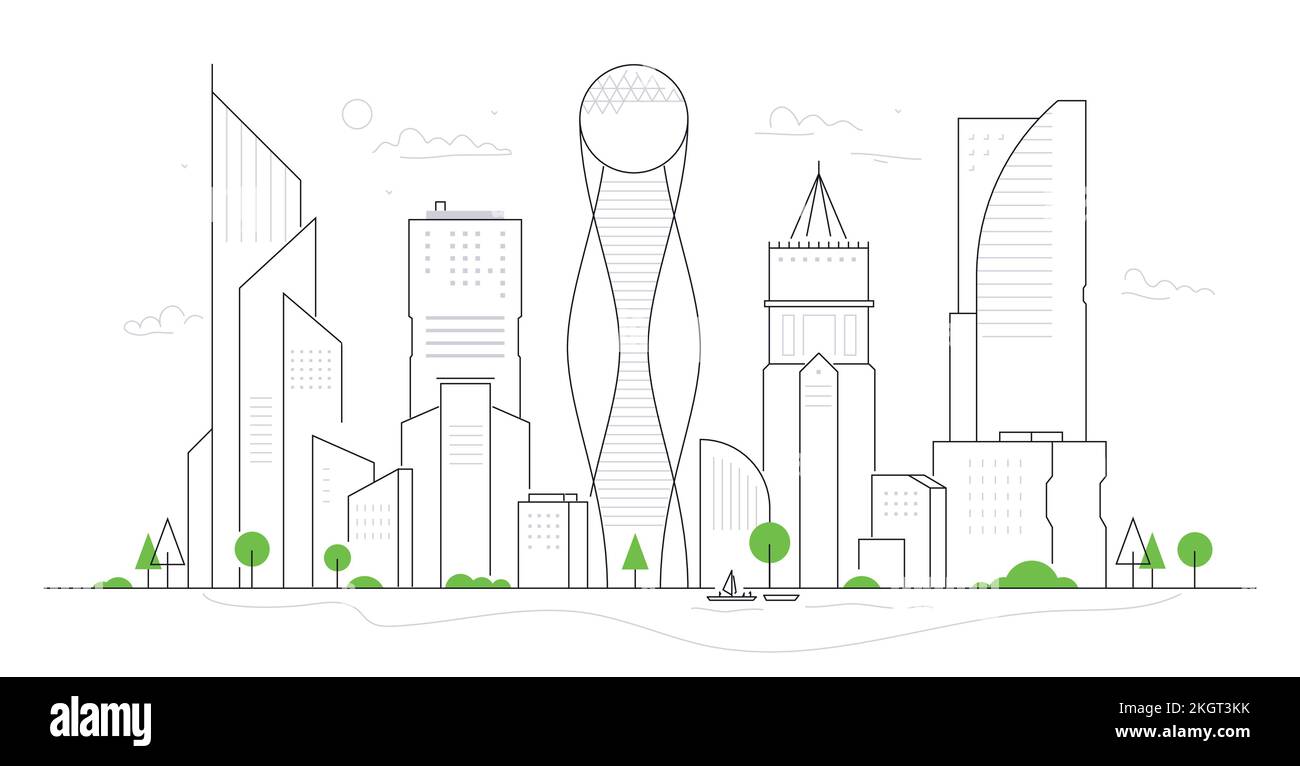 Futuristic city - modern thin line design style vector illustration ...