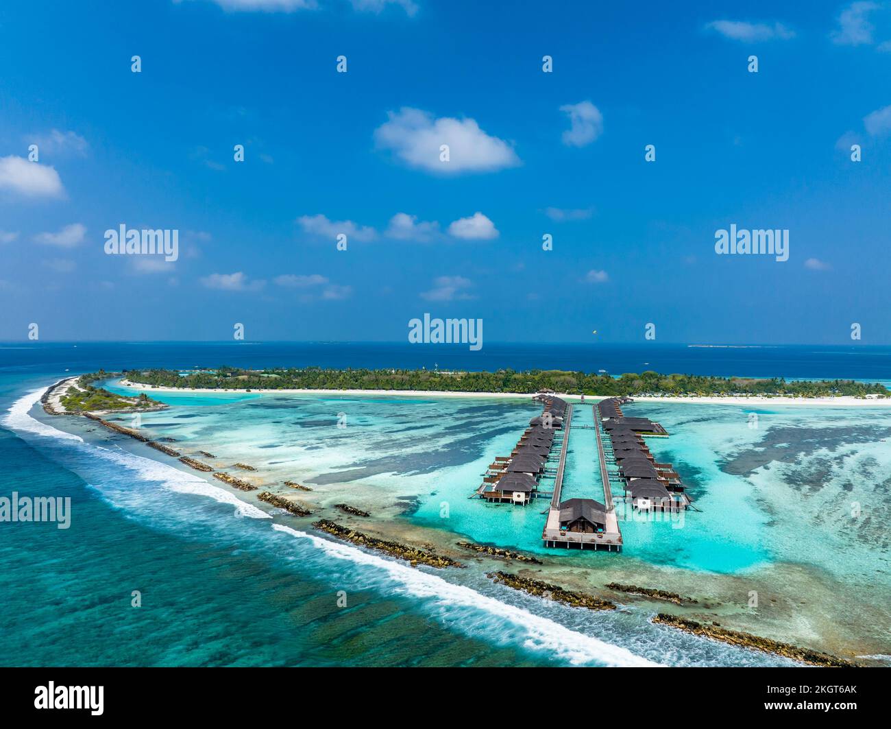 Maldives, Kaafu Atoll, Aerial view of tourist resort on Lankanfushi ...