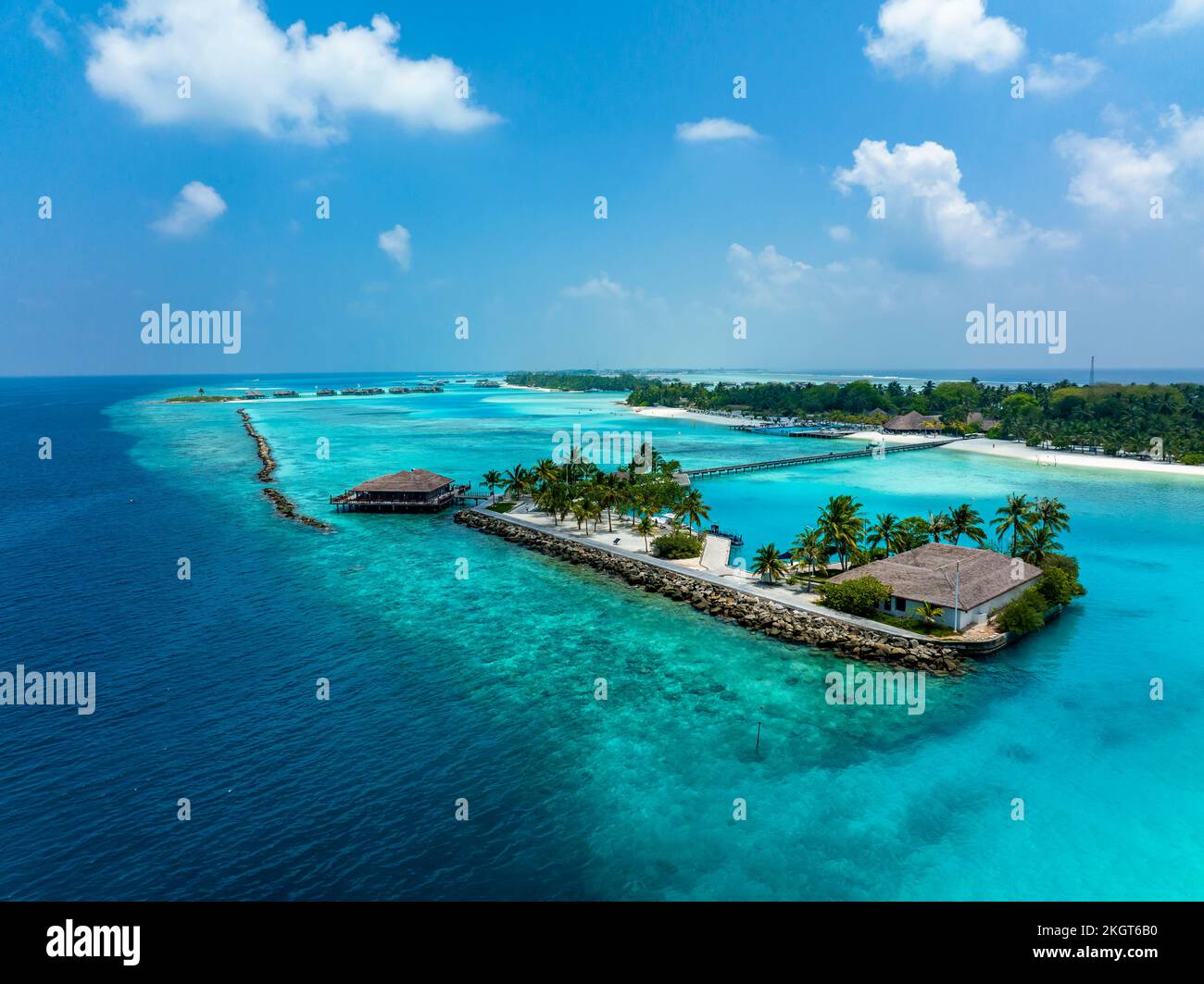 Maldives, Kaafu Atoll, Aerial view of tourist resort on Lankanfushi ...