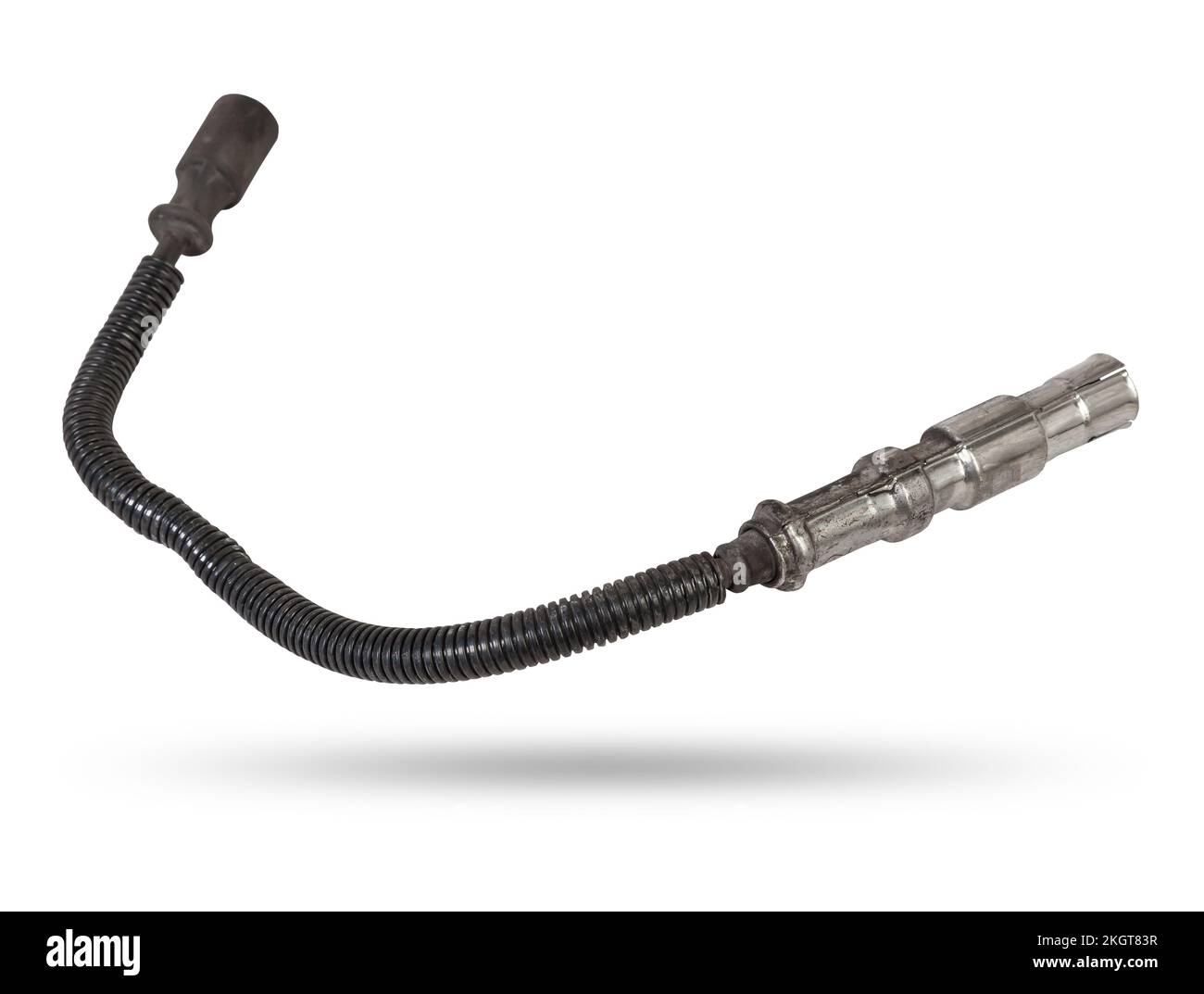 Black ignition wire of a high voltage for spark plug on blue and red ...