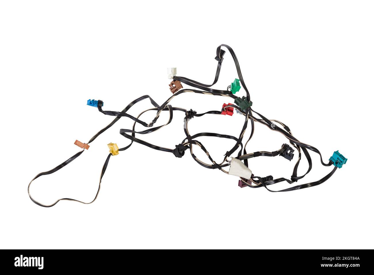 A cable of matted wires of different colors with connectors in the ...