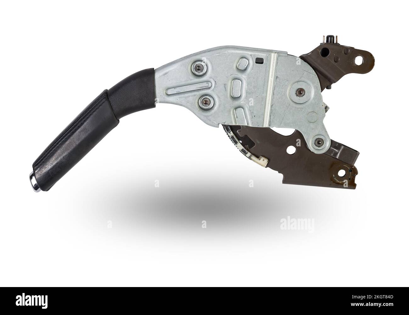 Closeup of a brake lever with a white handle with chrome elements of an ...