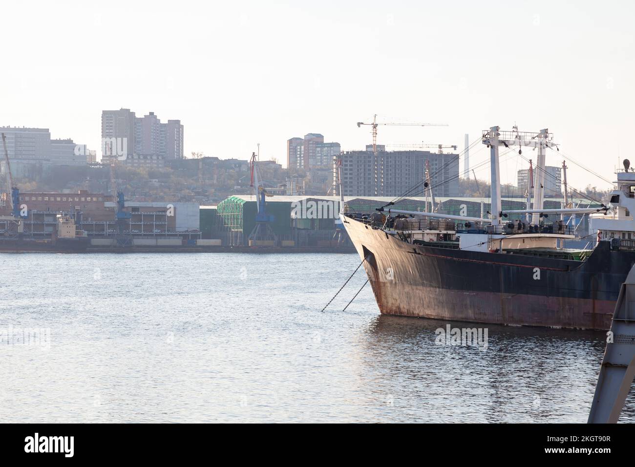 The impressive bow of a сargo ship is in dry dock at the shipyard of ...