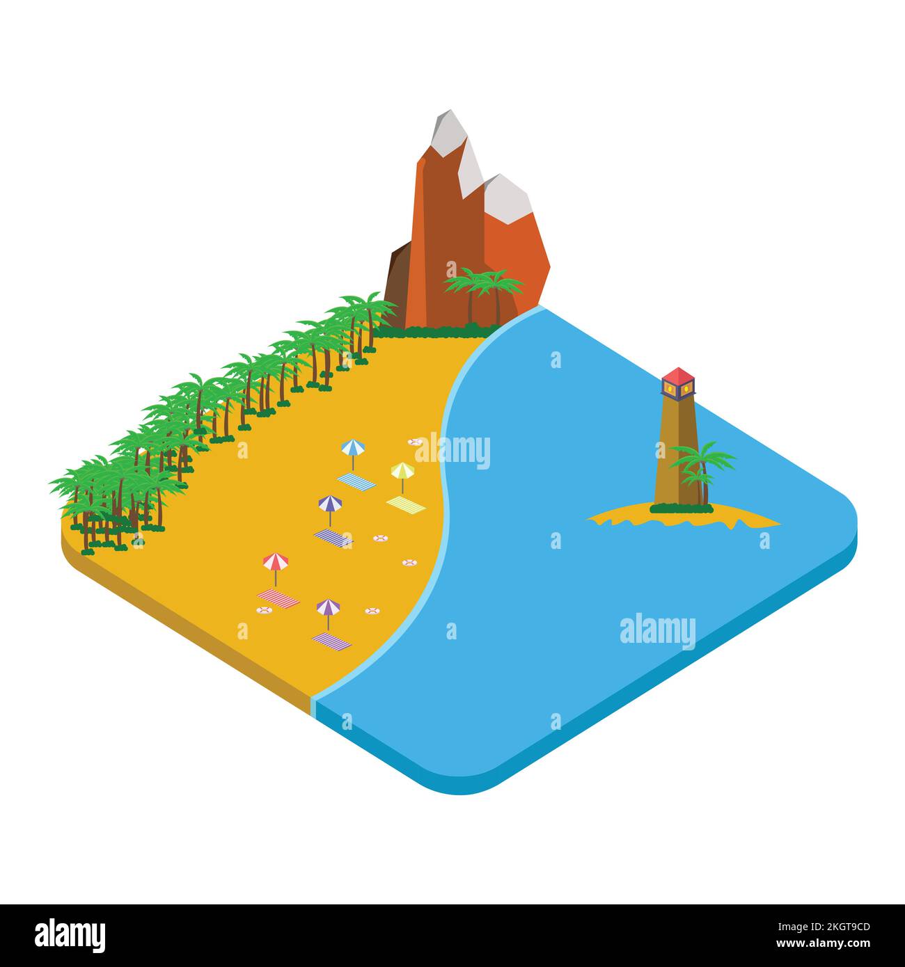 2.5D sandy beach vector design with lighthouse and hill concept, Sandy ...