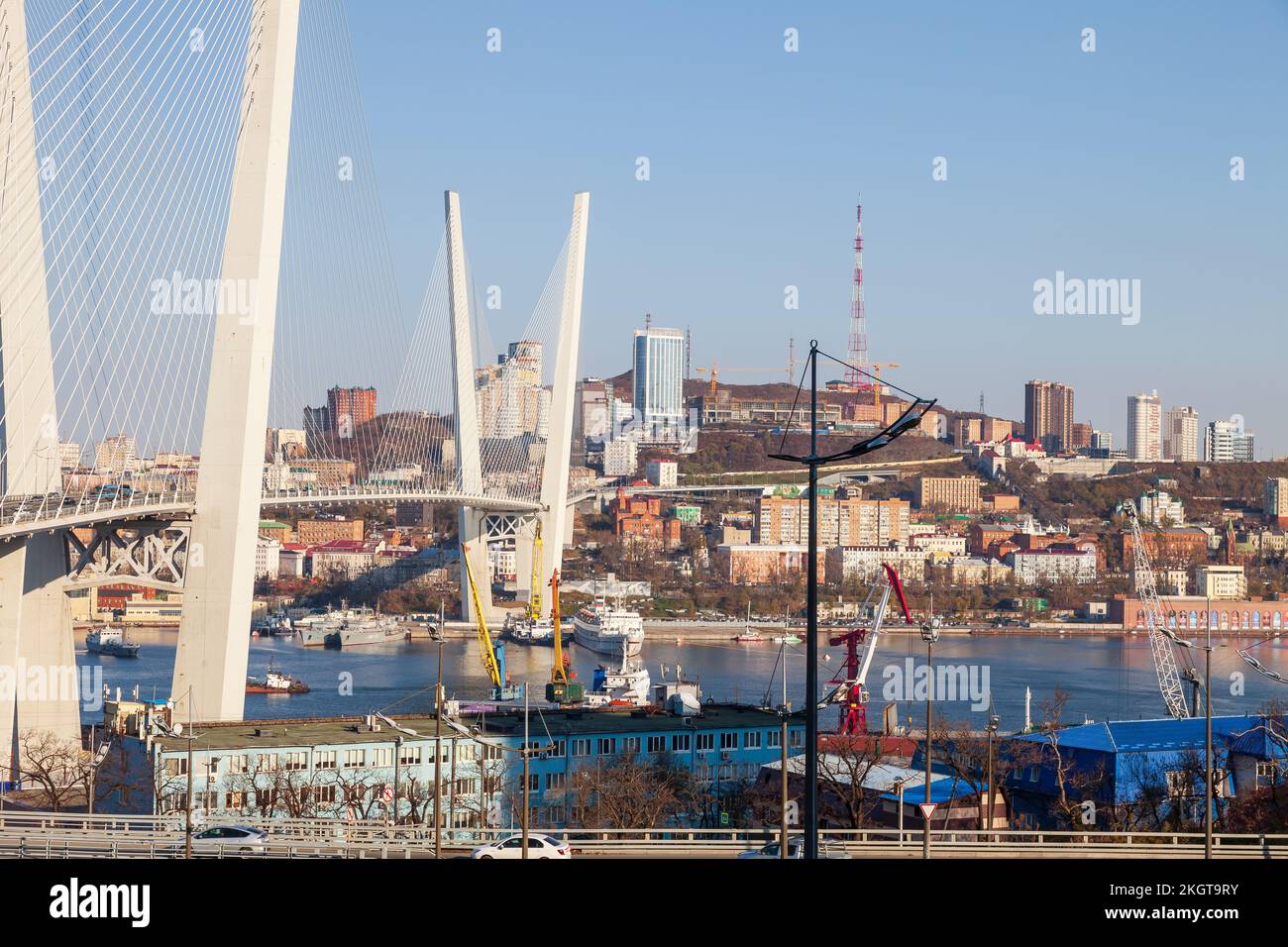 Vladivostok, Russia - 11.03.2022: View of Golden Bridge over Golden Horn Bay of Vladivostok ...