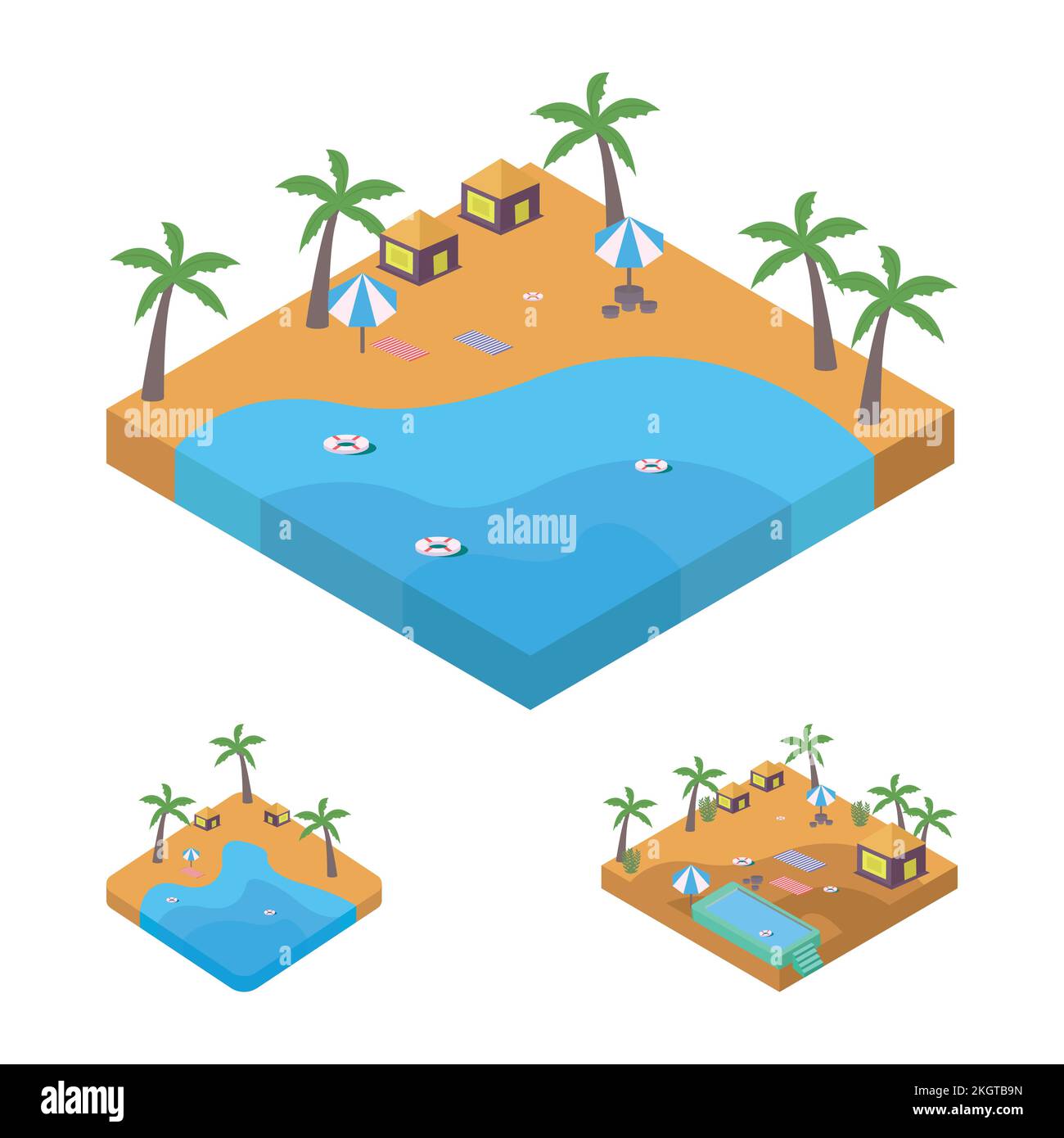 2.5D Sandy beach landscape concept collection. Sandy beach vector with ...
