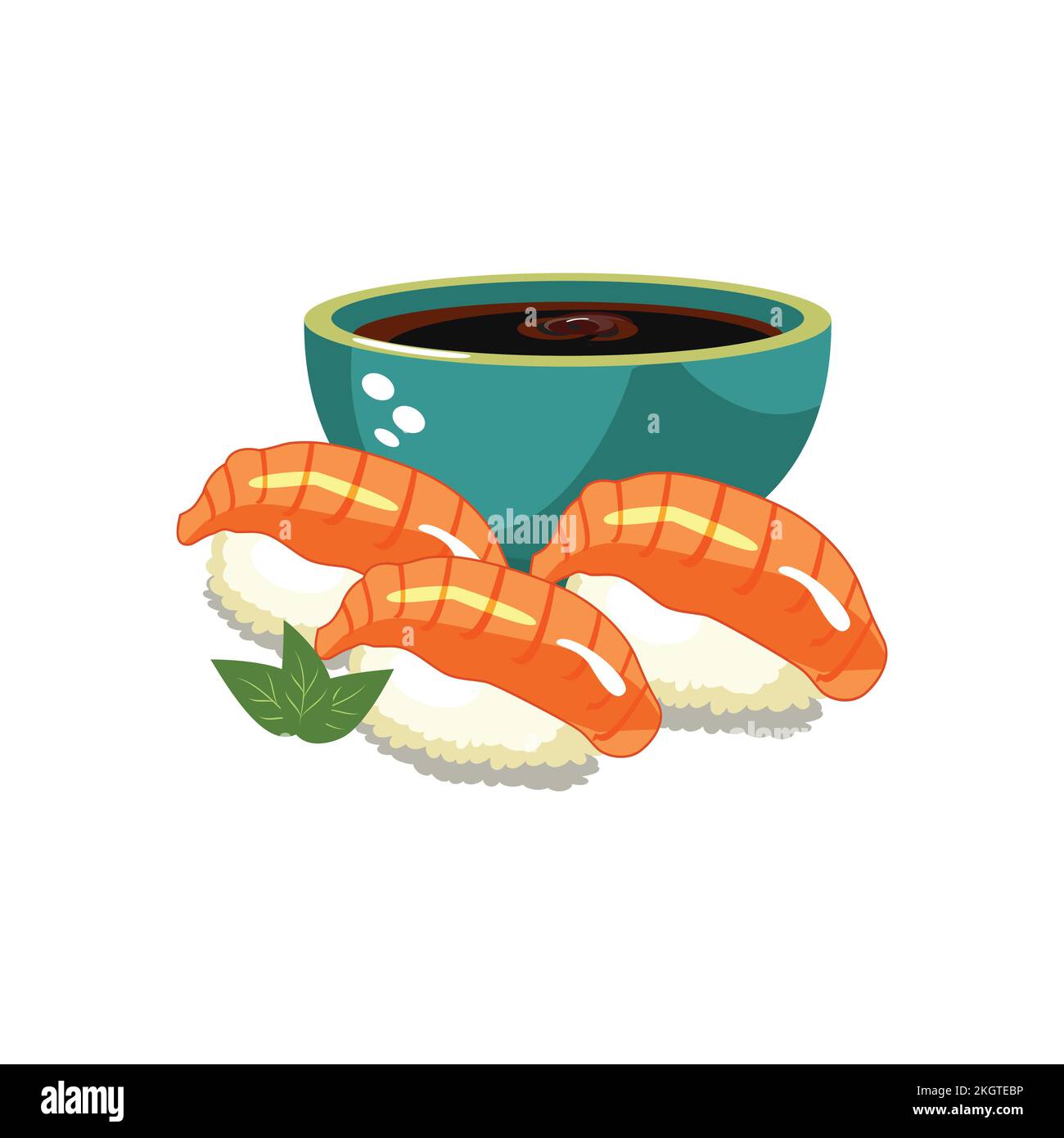 Salmon sushi with soy sauce and shrimps in a bowl on a white background ...