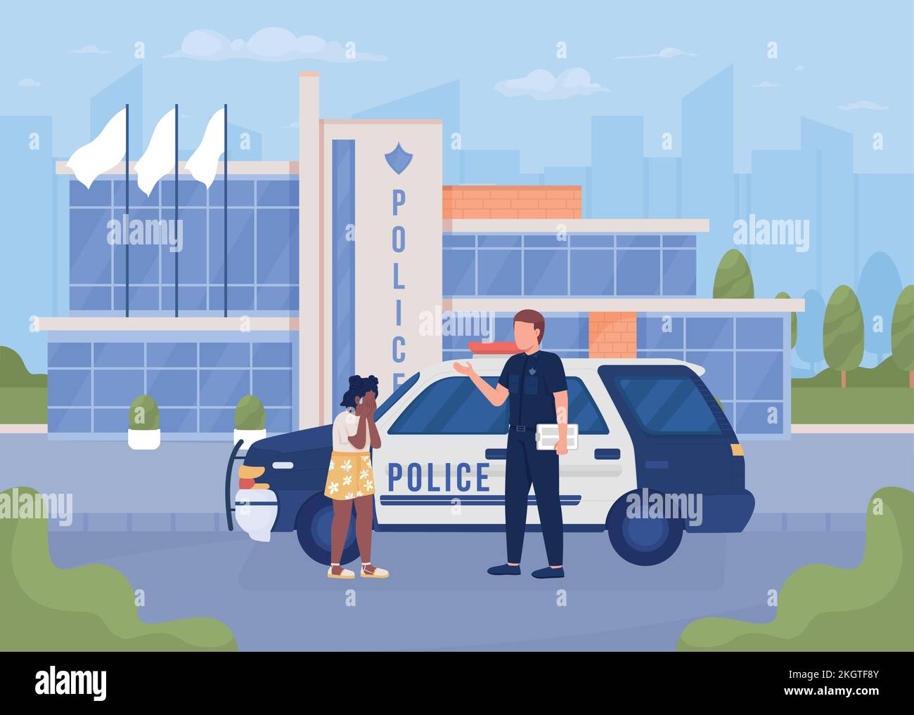 Lost girl and policeman on street flat color vector illustration Stock ...