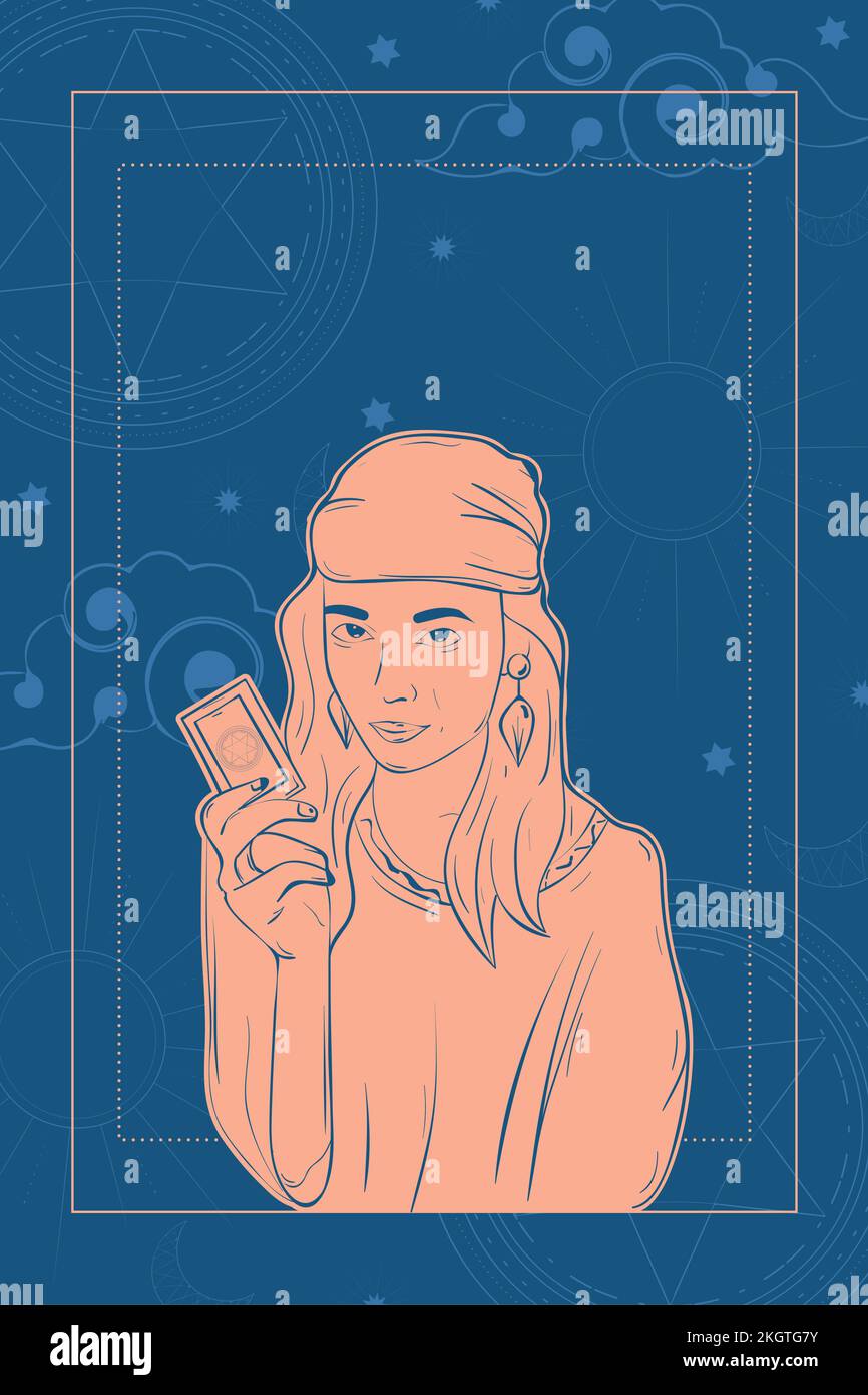 Isolated woman fortune teller with tarot card esoterism sketch icon ...