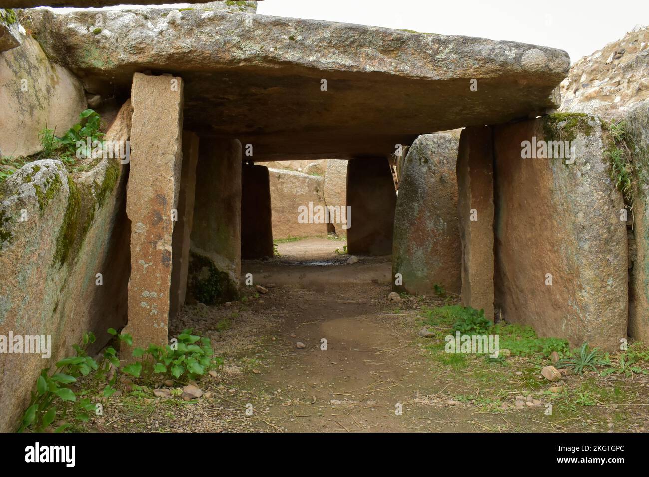 Megalithic ruins.Frontal view of the gallery of the Dolmen de Lacara ...