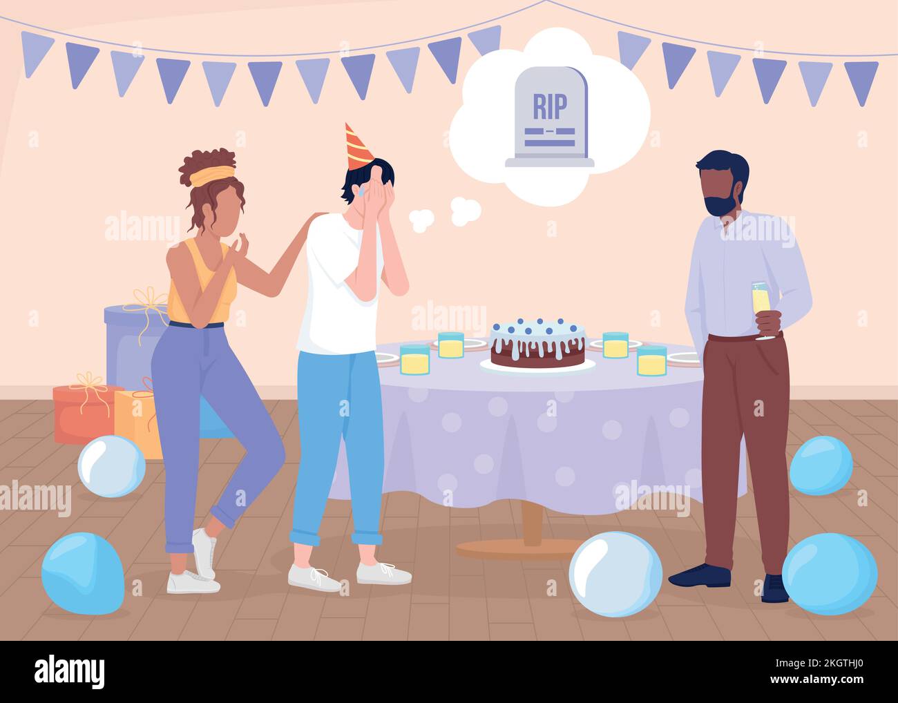Fear of death at birthday party flat color vector illustration Stock ...