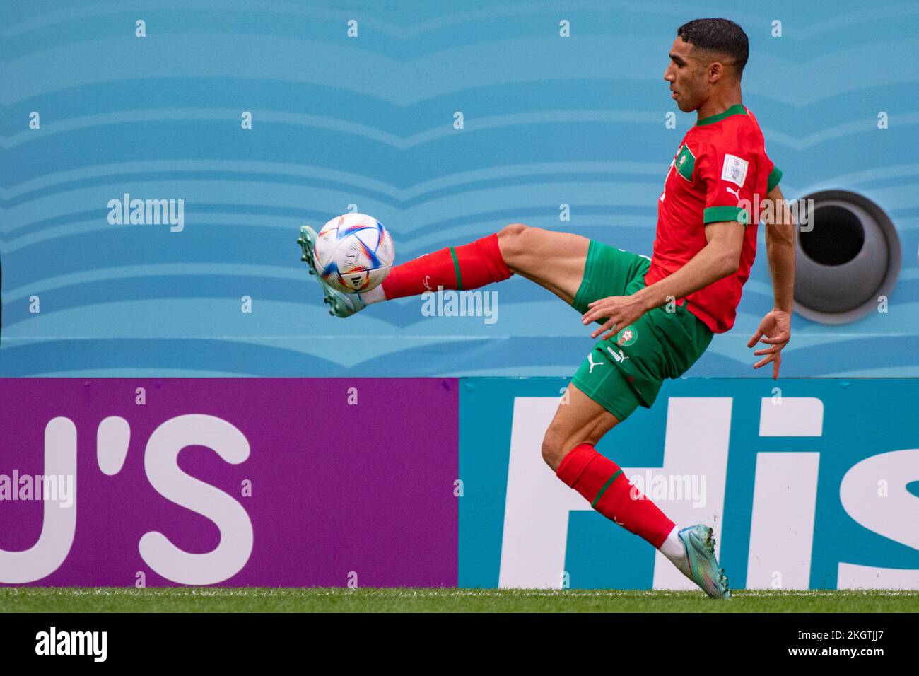 Al Khor, Qatar. 23rd Nov, 2022. Achraf Hakimi of Morocco controls the ...