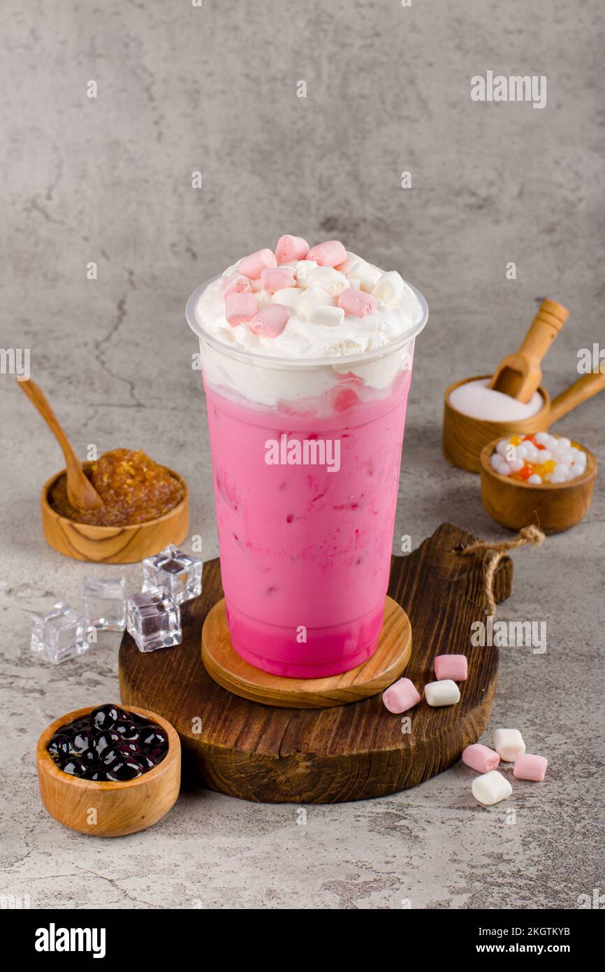 Boba or tapioca pearls is taiwan bubble milk tea in plastic cup with ...