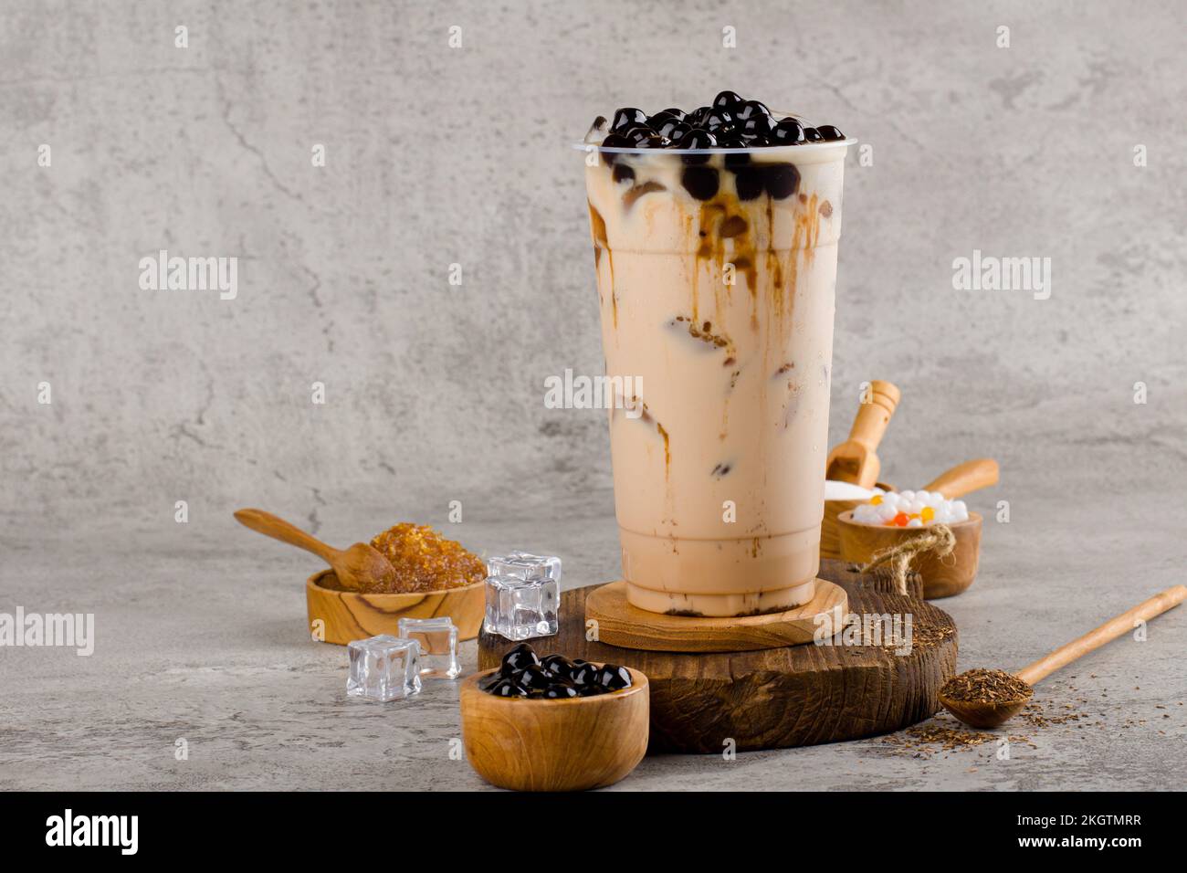 Boba or tapioca pearls is taiwan bubble milk tea in plastic cup with ...
