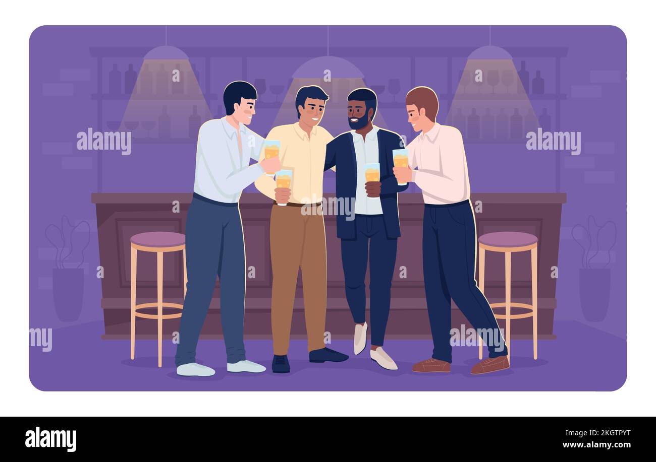 Male friends relaxing in bar after work hours flat color vector ...