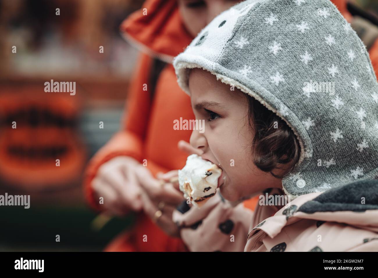 Luxembourg city - November 2022: cooking marshmellow candies on a ...