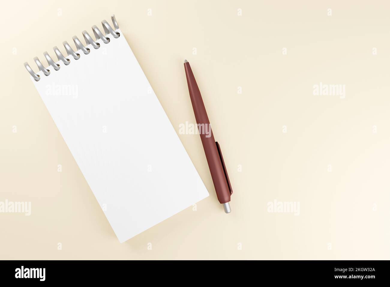 White notepad with brown pen on soft beige background. Minimal 3d ...