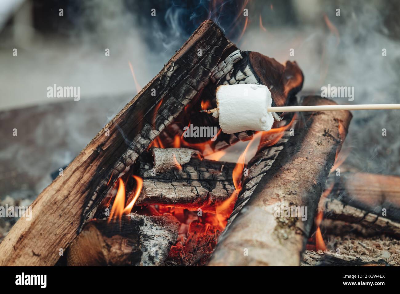 Cooking marshmellow candies on a fireplace Stock Photo - Alamy
