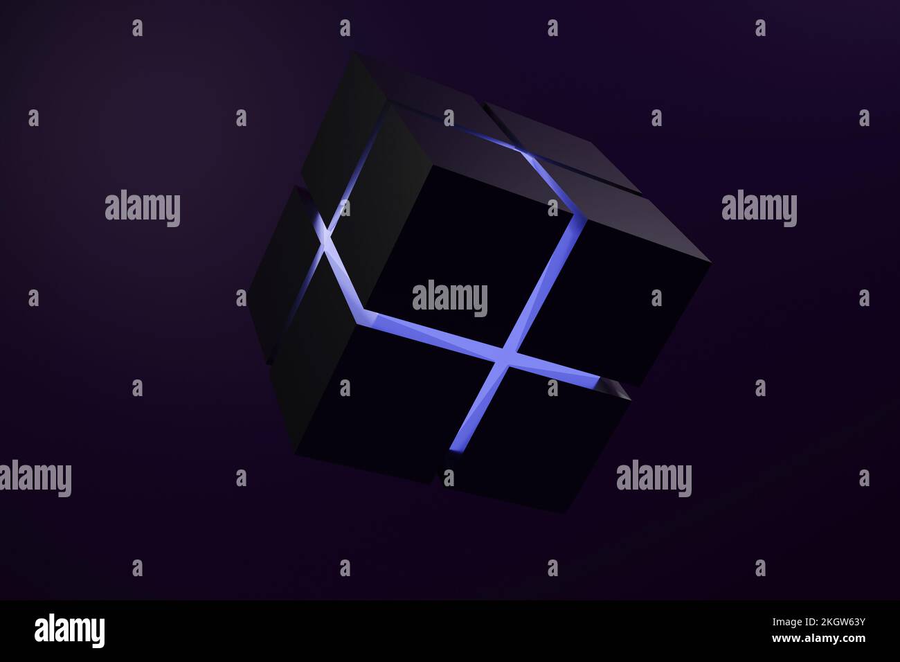 3d render of abstract 3d glowing purple cube wireframe cage around on ...