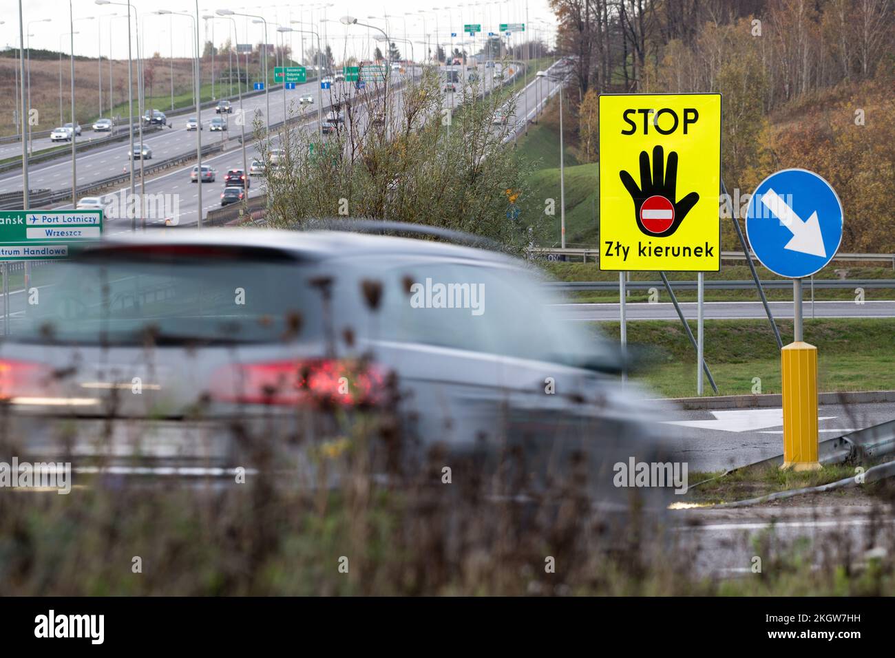 Stop wrong way sign at Expressway S6 called Obwodnica Trojmiasta ...