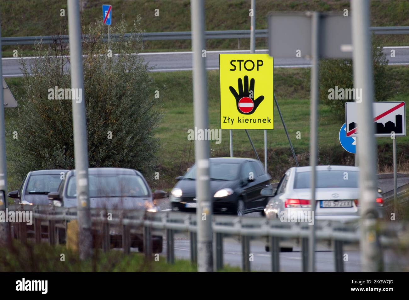 Stop wrong way sign at Expressway S6 called Obwodnica Trojmiasta ...