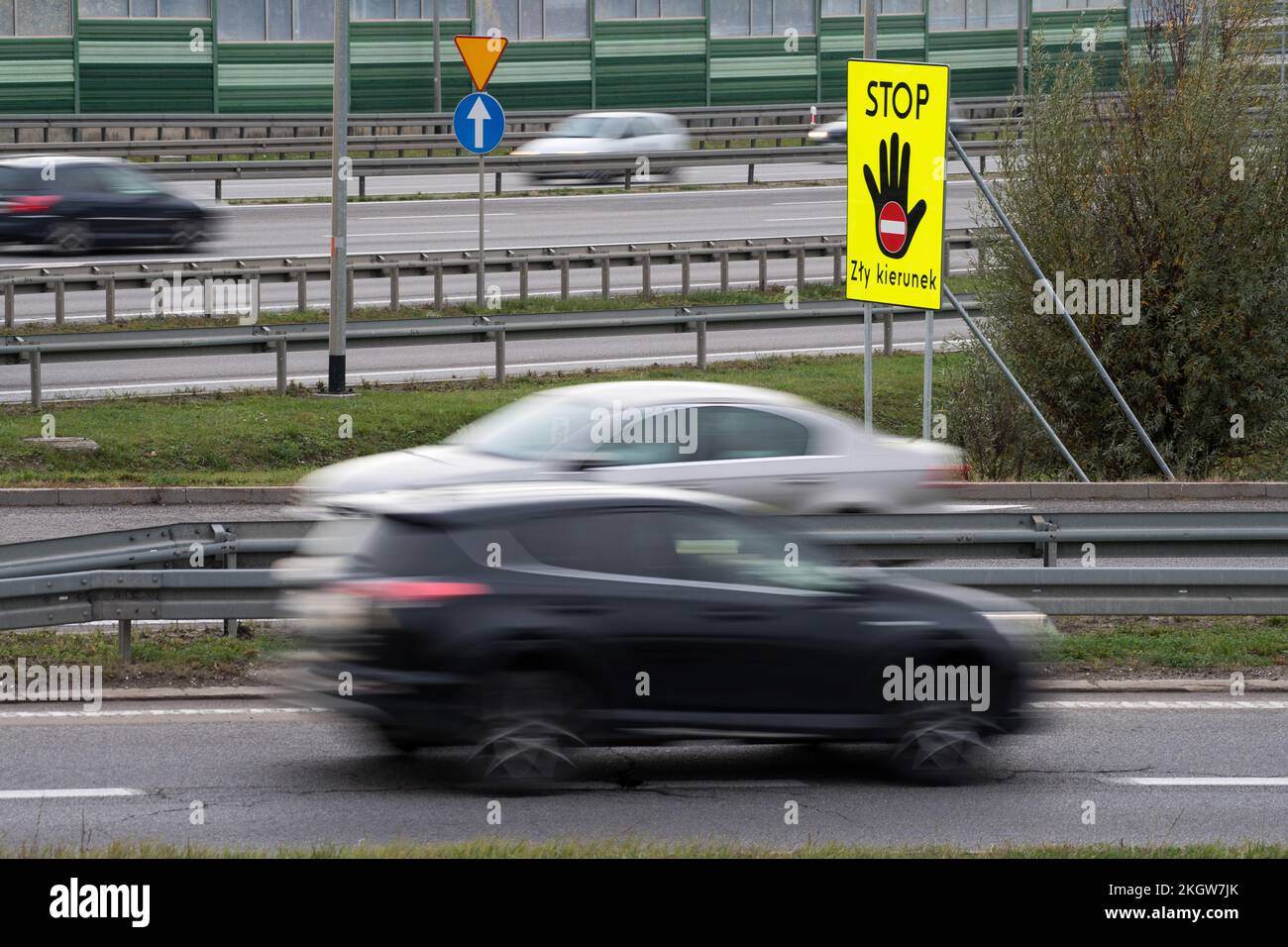 Stop wrong way sign at Expressway S6 called Obwodnica Trojmiasta ...