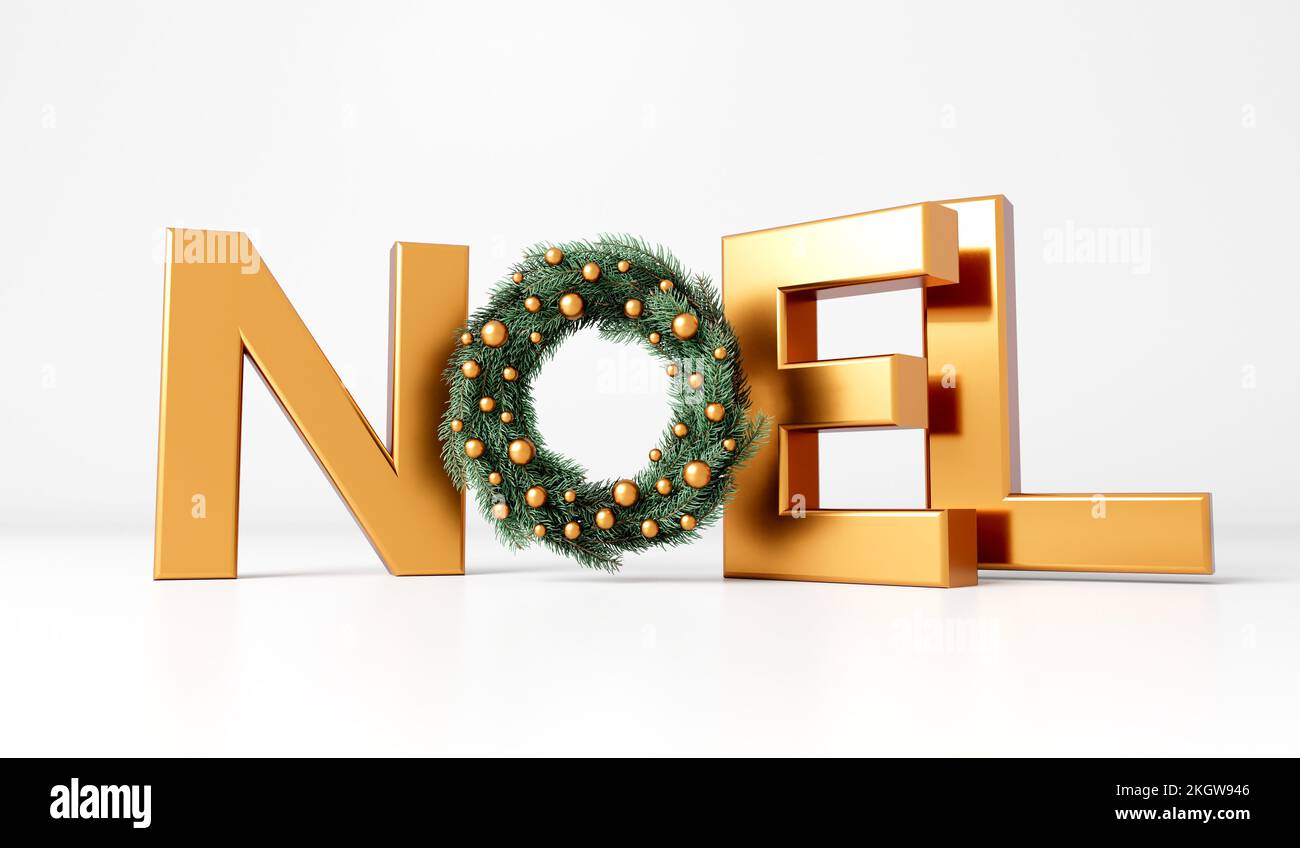 Happy Christmas Noel gold text with festive fir branch wreath. 3D ...