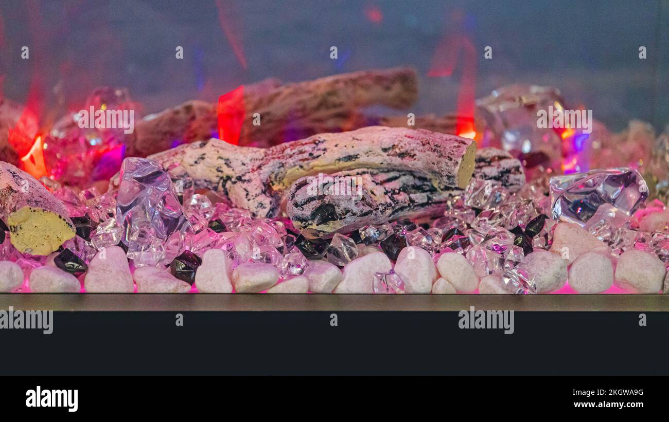 Pink Electric Fireplace With Crystals Pebbles and Diamonds Flame Effect ...
