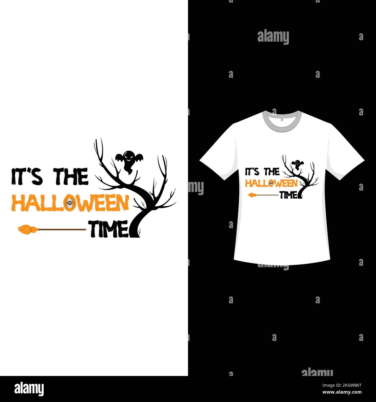 Halloween white color T-shirt design with a haunted dead tree and ...